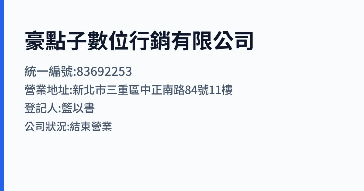 豪點子數位行銷有限公司 - 統編 83692253(新北市) 公司登記資料與營業項目詳細圖表