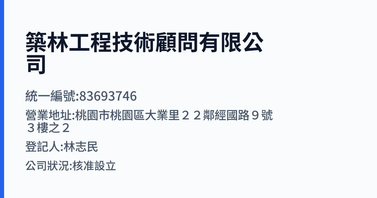 築林工程技術顧問有限公司 - 統編 83693746(桃園市) 公司登記資料與營業項目詳細圖表
