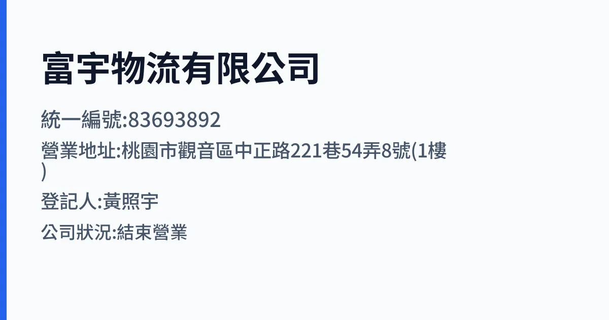 富宇物流有限公司 - 統編 83693892(桃園市) 公司登記資料與營業項目詳細圖表
