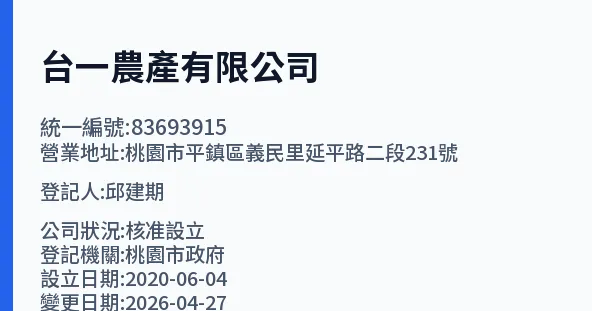 台一農產有限公司的照片-統編 83693915(桃園市) 公司登記資料與營業項目詳細圖表