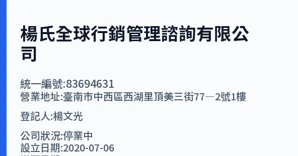 楊氏全球行銷管理諮詢有限公司的照片-統編 83694631(臺南市) 公司登記資料與營業項目詳細圖表