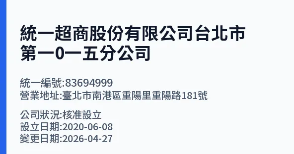 統一超商股份有限公司台北市第一0一五分公司的照片-統編 83694999(臺北市) 公司登記資料與營業項目詳細圖表