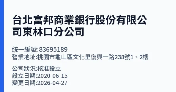 台北富邦商業銀行股份有限公司東林口分公司的照片-統編 83695189(桃園市) 公司登記資料與營業項目詳細圖表