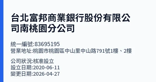 台北富邦商業銀行股份有限公司南桃園分公司的照片-統編 83695195(桃園市) 公司登記資料與營業項目詳細圖表