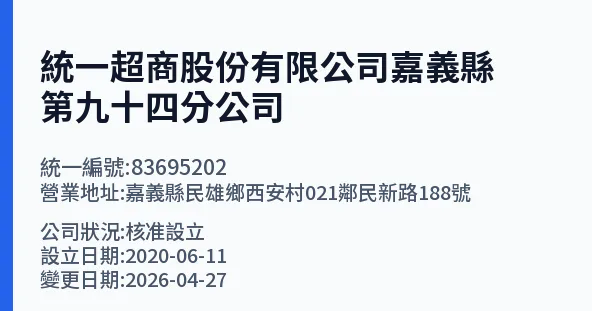 統一超商股份有限公司嘉義縣第九十四分公司的照片-統編 83695202(嘉義縣) 公司登記資料與營業項目詳細圖表