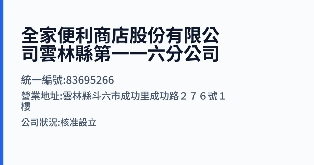 全家便利商店股份有限公司雲林縣第一一六分公司 - 統編 83695266(雲林縣) 公司登記資料與營業項目詳細圖表