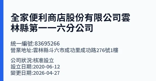 全家便利商店股份有限公司雲林縣第一一六分公司的照片-統編 83695266(雲林縣) 公司登記資料與營業項目詳細圖表