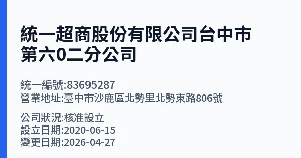 統一超商股份有限公司台中市第六0二分公司的照片-統編 83695287(臺中市) 公司登記資料與營業項目詳細圖表