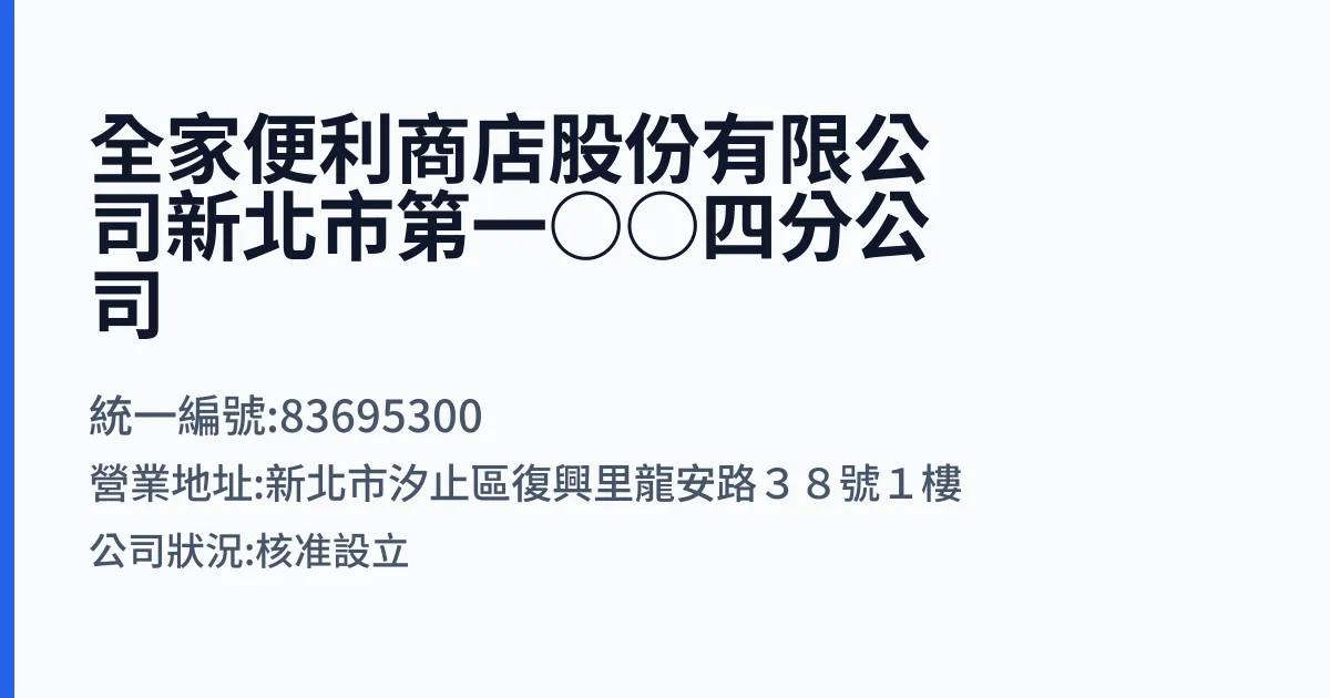 全家便利商店股份有限公司新北市第一○○四分公司 - 統編 83695300(新北市) 公司登記資料與營業項目詳細圖表