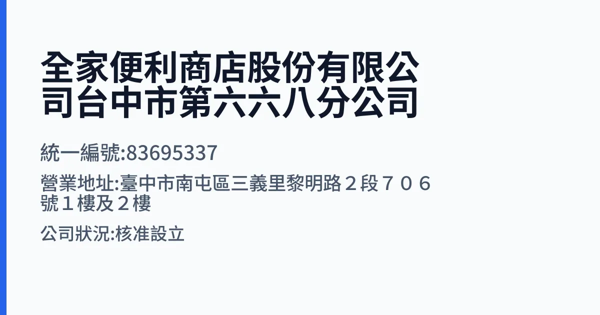 全家便利商店股份有限公司台中市第六六八分公司 - 統編 83695337(臺中市) 公司登記資料與營業項目詳細圖表