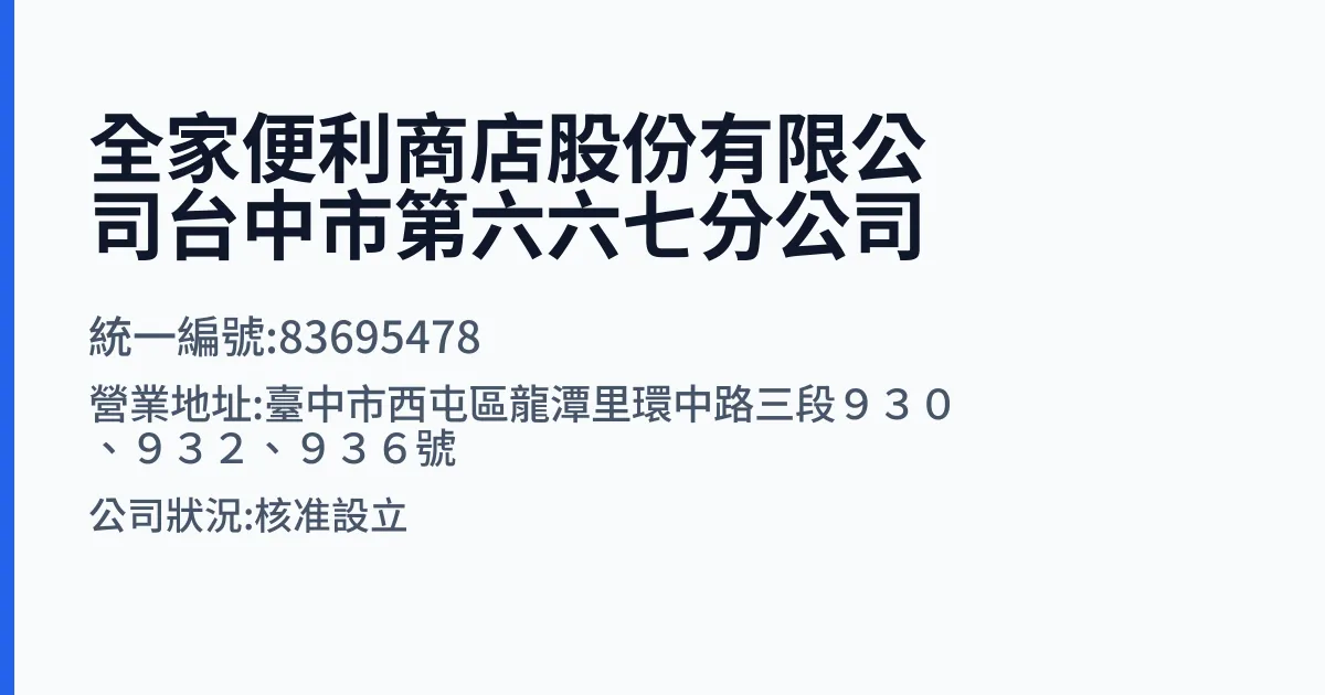 全家便利商店股份有限公司台中市第六六七分公司 - 統編 83695478(臺中市) 公司登記資料與營業項目詳細圖表