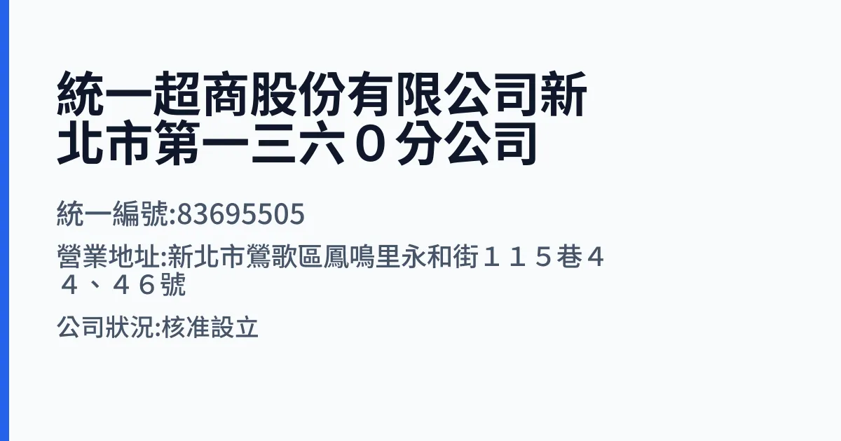統一超商股份有限公司新北市第一三六0分公司 - 統編 83695505(新北市) 公司登記資料與營業項目詳細圖表