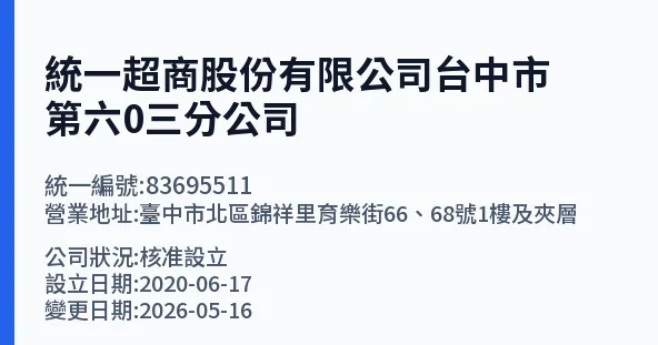 統一超商股份有限公司台中市第六0三分公司的照片-統編 83695511(臺中市) 公司登記資料與營業項目詳細圖表