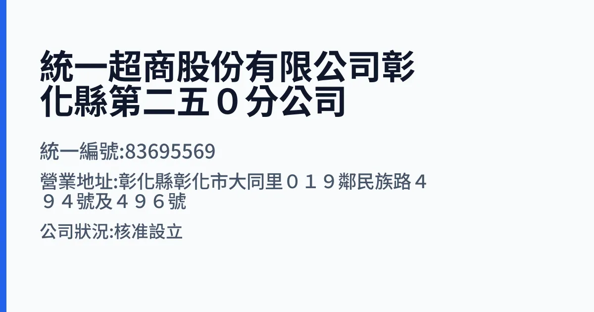 統一超商股份有限公司彰化縣第二五０分公司 - 統編 83695569(彰化縣) 公司登記資料與營業項目詳細圖表