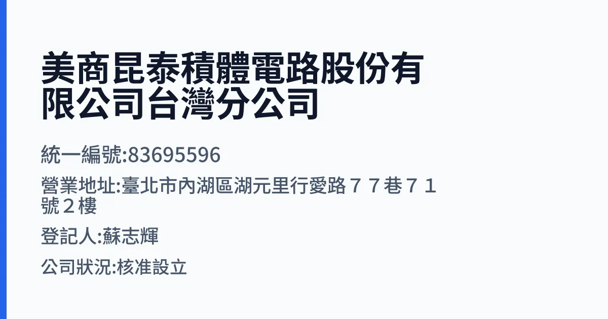美商昆泰積體電路股份有限公司台灣分公司 - 統編 83695596(臺北市) 公司登記資料與營業項目詳細圖表