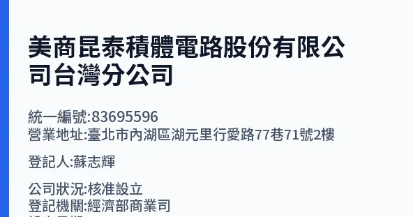 美商昆泰積體電路股份有限公司台灣分公司的照片-統編 83695596(臺北市) 公司登記資料與營業項目詳細圖表