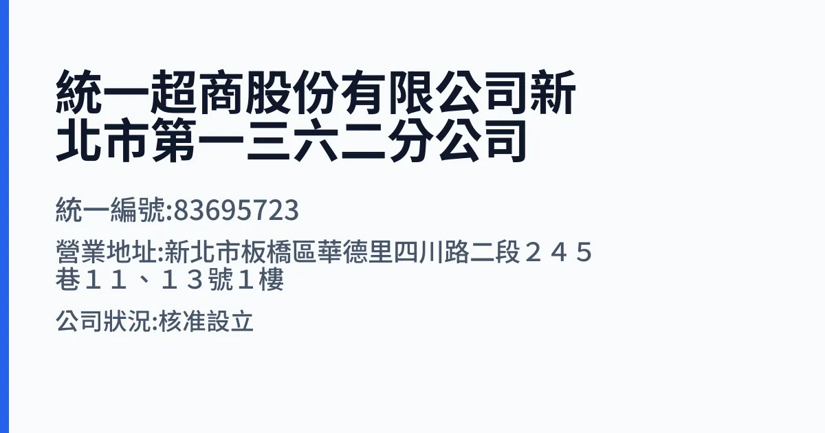 統一超商股份有限公司新北市第一三六二分公司 - 統編 83695723(新北市) 公司登記資料與營業項目詳細圖表