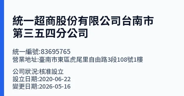 統一超商股份有限公司台南市第三五四分公司的照片-統編 83695765(臺中市) 公司登記資料與營業項目詳細圖表