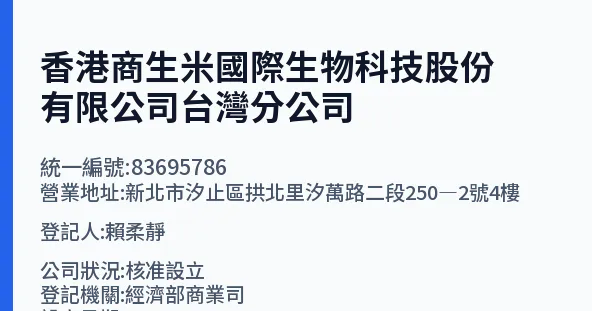 香港商生米國際生物科技股份有限公司台灣分公司的照片-統編 83695786(新北市) 公司登記資料與營業項目詳細圖表