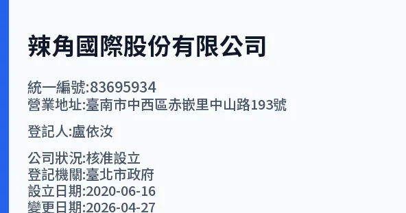 辣角國際股份有限公司的照片-統編 83695934(臺南市) 公司登記資料與營業項目詳細圖表