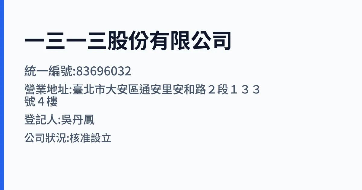 一三一三股份有限公司 - 統編 83696032(臺北市) 公司登記資料與營業項目詳細圖表
