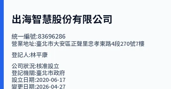 出海智慧股份有限公司的照片-統編 83696286(臺北市) 公司登記資料與營業項目詳細圖表