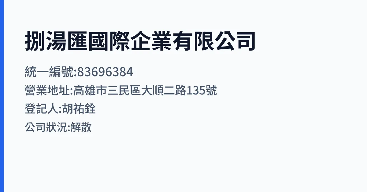 捌湯匯國際企業有限公司 - 統編 83696384(高雄市) 公司登記資料與營業項目詳細圖表