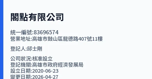 閣點有限公司的照片-統編 83696574(高雄市) 公司登記資料與營業項目詳細圖表