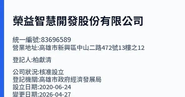 榮益智慧開發股份有限公司的照片-統編 83696589(高雄市) 公司登記資料與營業項目詳細圖表