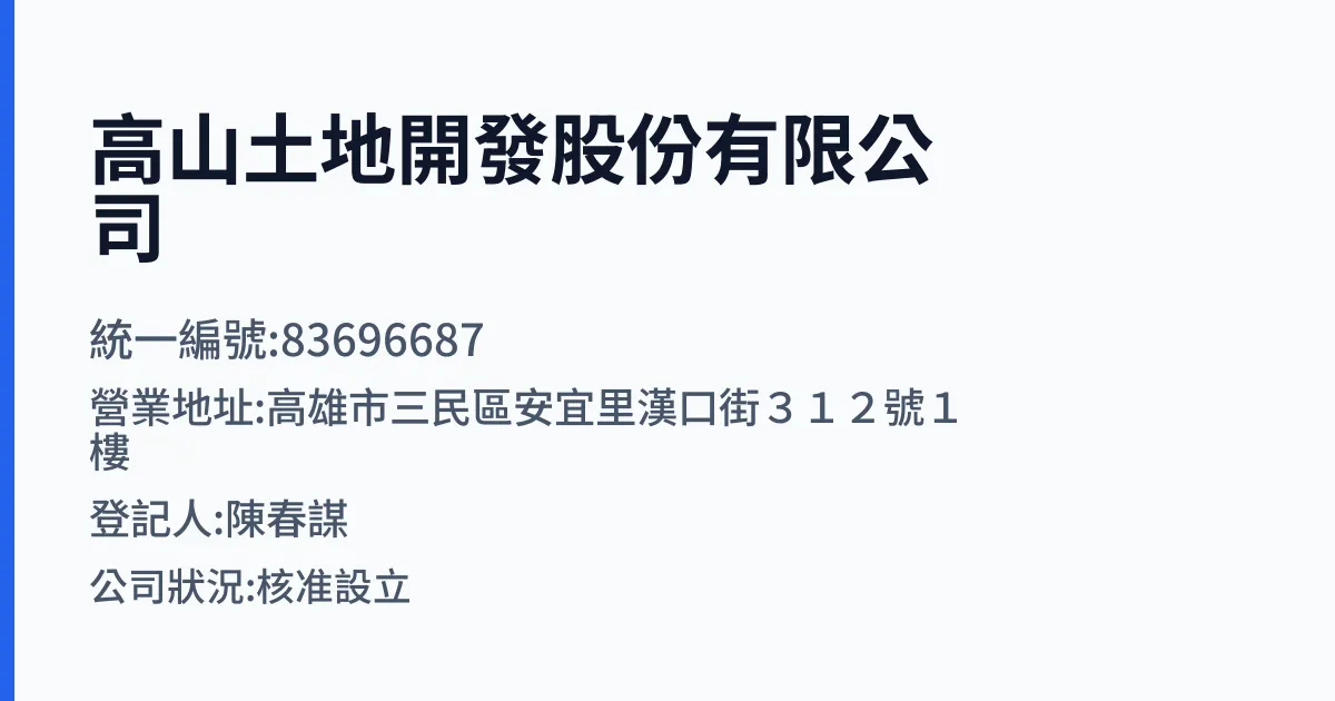 高山土地開發股份有限公司 - 統編 83696687（高雄市） 公司登記資料與營業項目詳細圖表