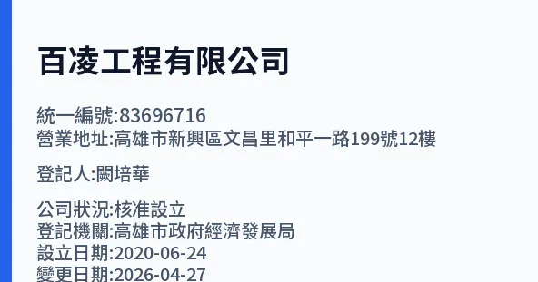 百凌工程有限公司的照片-統編 83696716(高雄市) 公司登記資料與營業項目詳細圖表