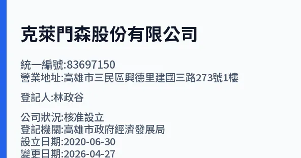克萊門森股份有限公司的照片-統編 83697150(高雄市) 公司登記資料與營業項目詳細圖表
