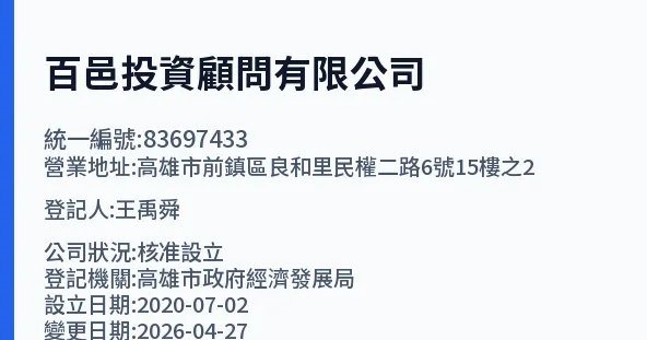 百邑投資顧問有限公司的照片-統編 83697433(高雄市) 公司登記資料與營業項目詳細圖表