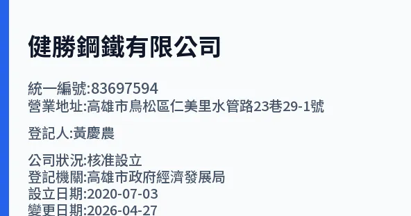 健勝鋼鐵有限公司的照片-統編 83697594(高雄市) 公司登記資料與營業項目詳細圖表