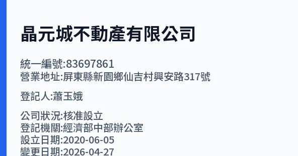 晶元城不動產有限公司的照片-統編 83697861(屏東縣) 公司登記資料與營業項目詳細圖表