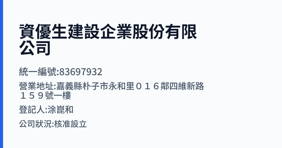 資優生建設企業股份有限公司 - 統編 83697932(嘉義縣) 公司登記資料與營業項目詳細圖表