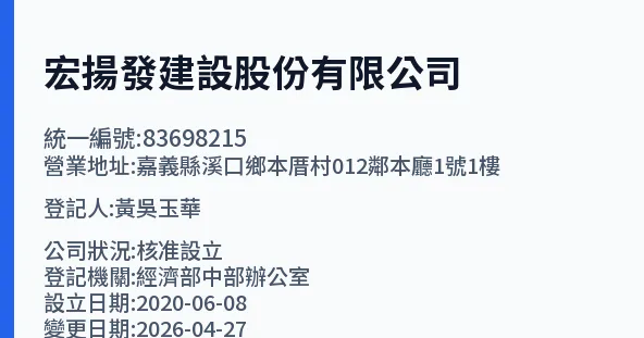 宏揚發建設股份有限公司的照片-統編 83698215(嘉義縣) 公司登記資料與營業項目詳細圖表