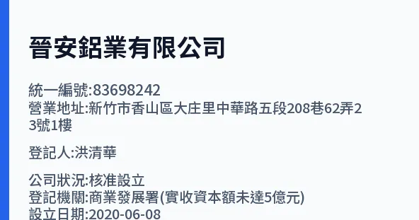 晉安鋁業有限公司的照片-統編 83698242(新竹市) 公司登記資料與營業項目詳細圖表