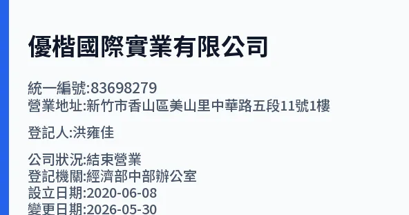 優楷國際實業有限公司的照片-統編 83698279(新竹市) 公司登記資料與營業項目詳細圖表