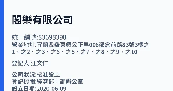 閣樂有限公司的照片-統編 83698398(宜蘭縣) 公司登記資料與營業項目詳細圖表