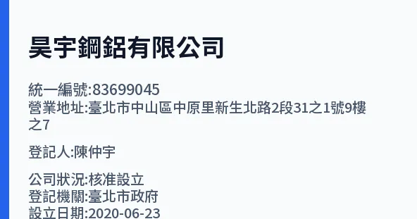 昊宇鋼鋁有限公司的照片-統編 83699045(臺北市) 公司登記資料與營業項目詳細圖表