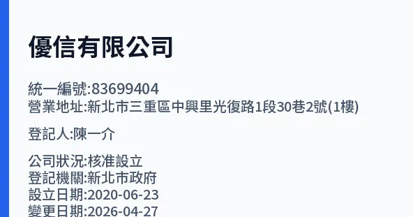 優信有限公司的照片-統編 83699404(新北市) 公司登記資料與營業項目詳細圖表