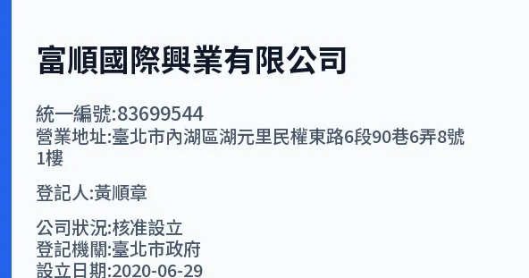 富順國際興業有限公司的照片-統編 83699544(臺北市) 公司登記資料與營業項目詳細圖表