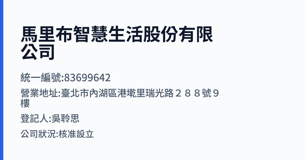 馬里布智慧生活股份有限公司 - 統編 83699642(臺北市) 公司登記資料與營業項目詳細圖表