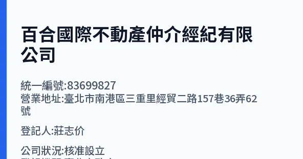 百合國際不動產仲介經紀有限公司的照片-統編 83699827(臺北市) 公司登記資料與營業項目詳細圖表
