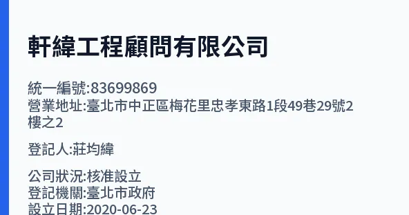 軒緯工程顧問有限公司的照片-統編 83699869(臺北市) 公司登記資料與營業項目詳細圖表