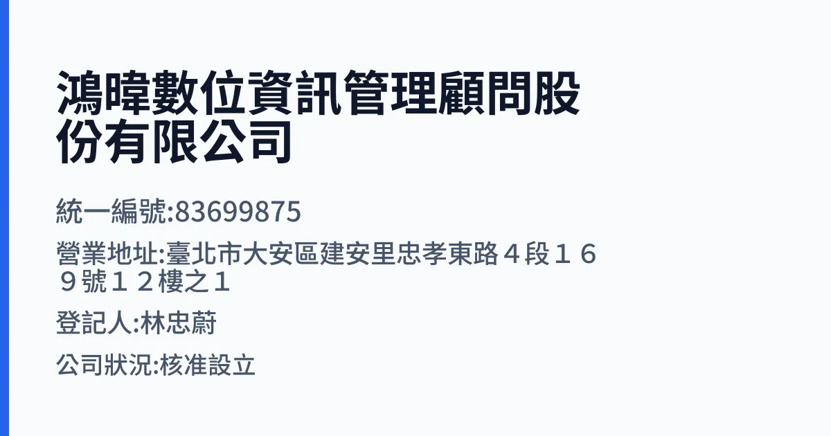 鴻暐數位資訊管理顧問股份有限公司 - 統編 83699875(臺北市) 公司登記資料與營業項目詳細圖表