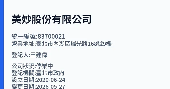 美妙股份有限公司的照片-統編 83700021(臺北市) 公司登記資料與營業項目詳細圖表