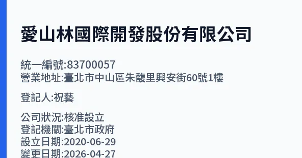 愛山林國際開發股份有限公司的照片-統編 83700057(臺北市) 公司登記資料與營業項目詳細圖表