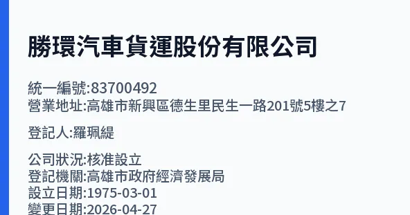 勝環汽車貨運股份有限公司的照片-統編 83700492(高雄市) 公司登記資料與營業項目詳細圖表